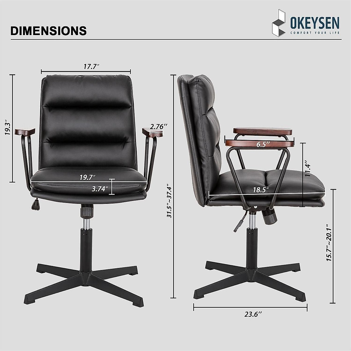 Okeysen Office Desk Chair No Wheels, Swivel Chair with Retro Wooden Armrests, Criss Cross Legged Armless Computer Chair for Home Office, Mid Century Modern Adjustable Task Chair with Thick Cushion