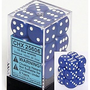 Chessex Dice d6 Sets: Opaque Blue with White - 16mm Six Sided Die (12) Block of Dice