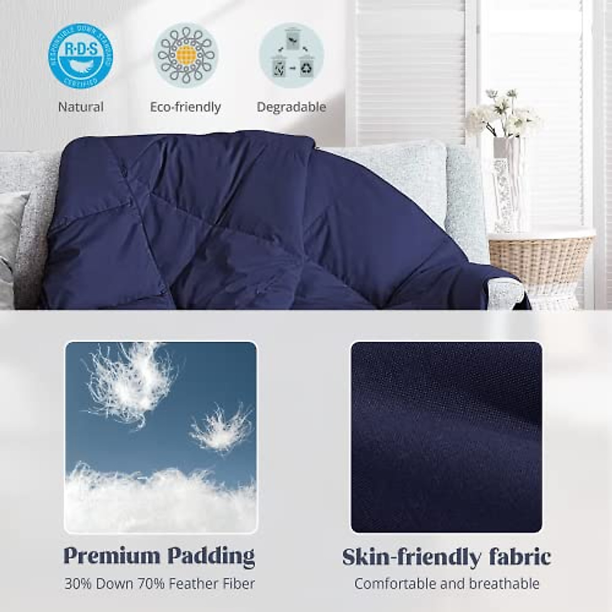Puredown® Soft Down Throw Blanket Lightweight Packable Couch Throw for Indoor and Outdoor Use, 50"X70", Navy