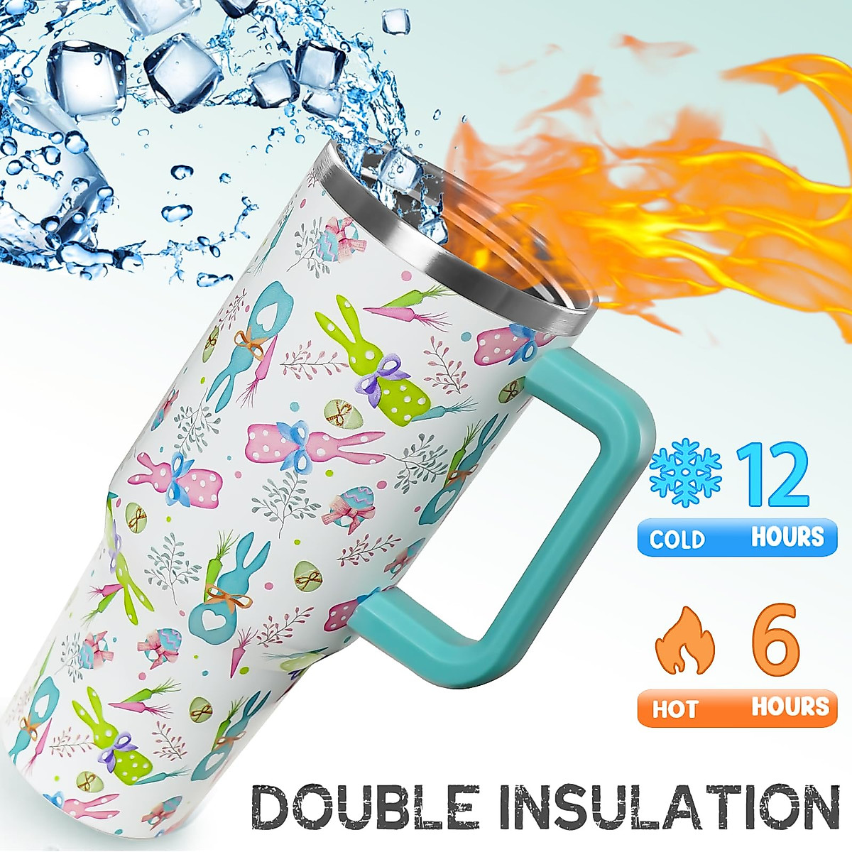 Nqhsionv Easter Tumbler with Handle 40 oz Easter Bunny Coffee Travel Mug Stainless Steel Rabbit Insulated Cup Happy Easter Decor Gifts