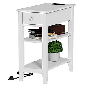 ChooChoo Narrow End Table with Charging Station, Side Table Living Room with USB Ports & Power Outlets and Hidden Drawer, 3-Tier Skinny Nightstand with 2 Open Storage Shelves for Small Place (White)