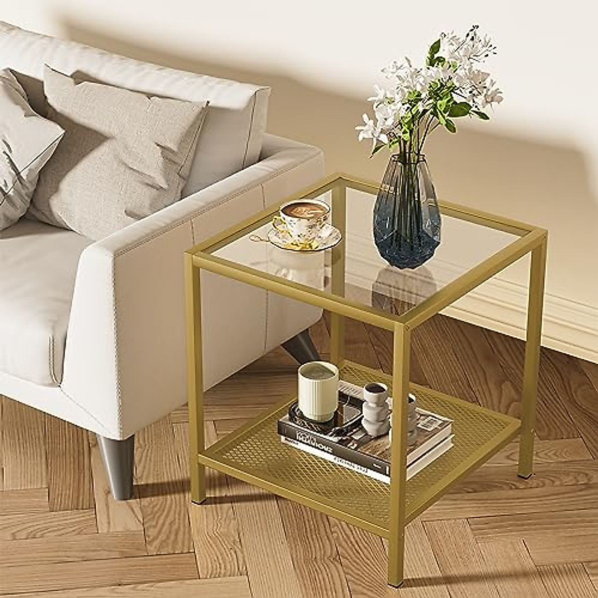 SAYGOER Glass Side Table Small Gold End Table for Small Spaces 2-Tier Square Night Stand with Storage Modern Bed Side Table with Gold Frame for Bedroom Living Room, Easy Assembly