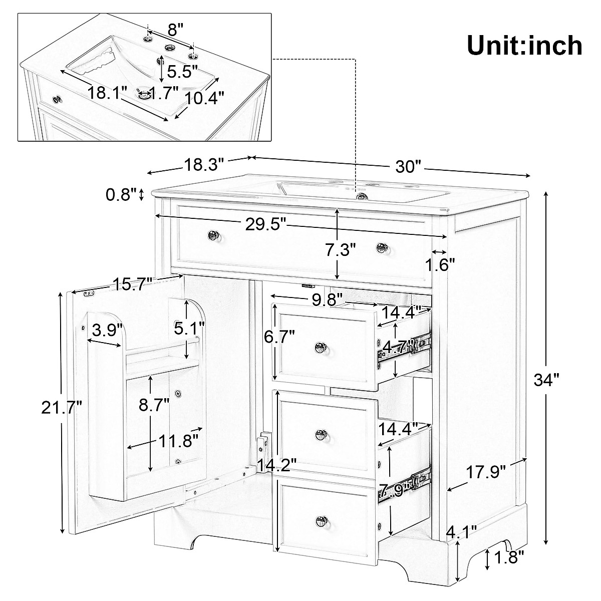 CuisinSmart 30" Bathroom Vanity with Sink Top, Bathroom Storage Cabinet Modern Design Solid Wood Frame Bath Vanity with One Door and Two Drawers White