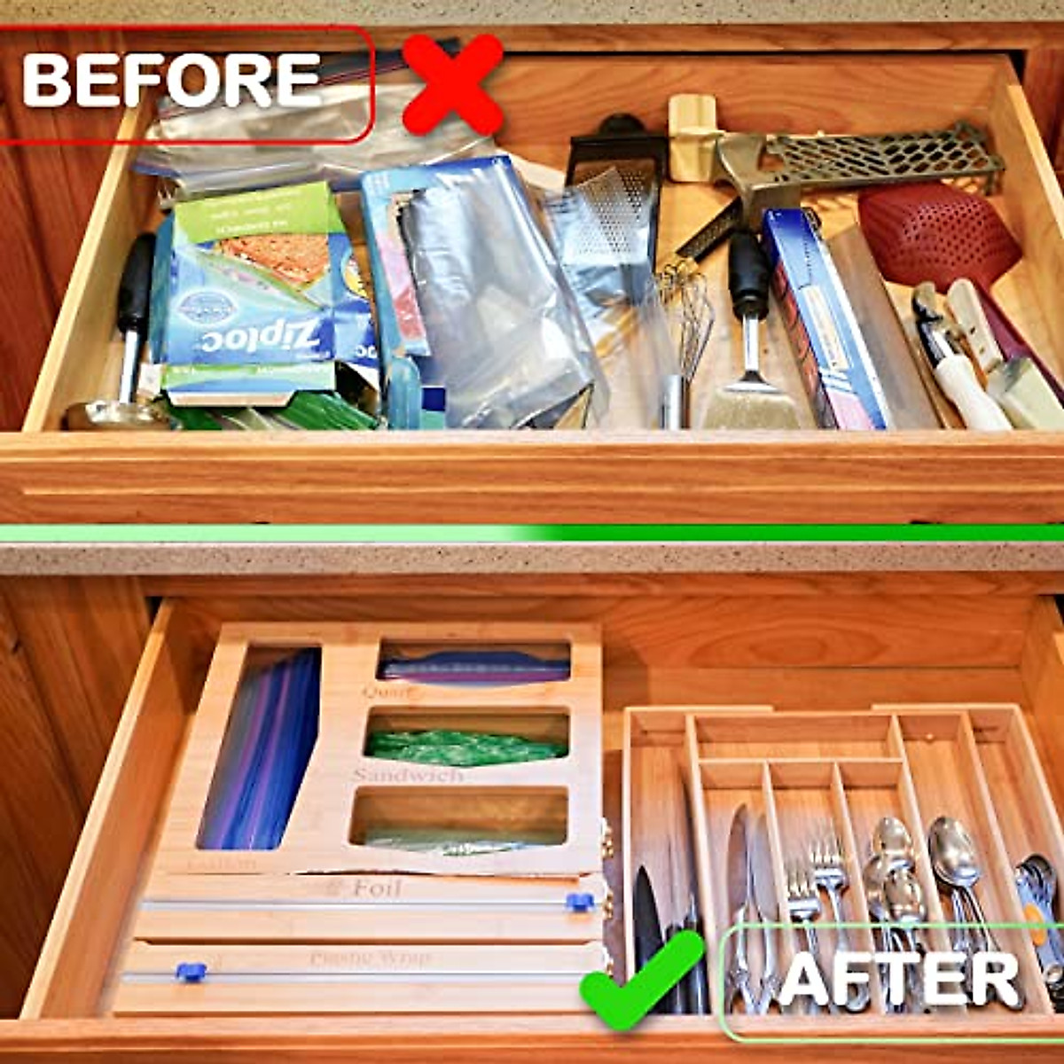 Ziplock Bag Storage Organizer with Foil and Plastic Wrap Organizer, Baggie Organizer Suitable for Gallon, Quart, Sandwich, Snack Bag, Aluminum Foil & Plastic Wrap