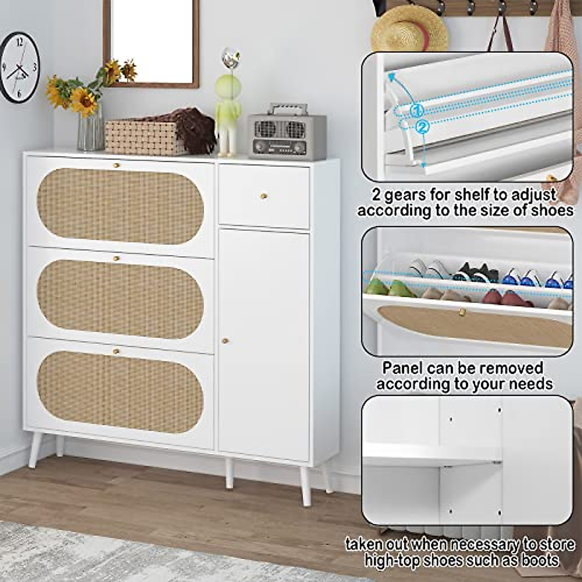 Mcltopz Rattan Shoe Cabinet with 3 Flip Drawers&1 Small Drawer&1 Door, Modern Free-Standing Shoe Rack Narrow Shoe Storage Cabinet Wooden Shoe Rack Storage Cabinet for Entryway Hallway Doorway (White)