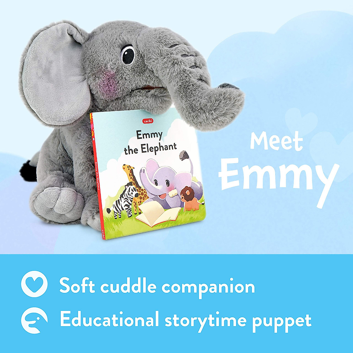 Corbi Emmy The Elephant Plush Toy Hand Puppet with Movable Mouth & Illustrated Board Book - Hand Puppets for Kids & Toddlers Ages 2+