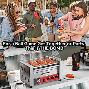 CROSSON Hot Dog 7 Roller with Bun Warmer&Transparent Sneeze Guard,Commercial 7 Nonstick 304 Roller Grill Cooker Machine