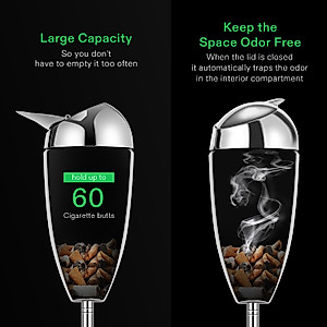 VIVOSUN Floor Standing Ash Tray, Outdoor Ashtray with Stainless Steel Lid, Adjustable Height from 21.5" to 35" for Home, Patio, Chrome