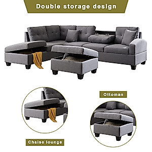 Unovivy Sectional Couches for Living Room, 109" L Shaped Upholstered Sofa with Chaise, Ottoman and Cup Holders, 3-Piece Fabric Furniture Sets, Suitable for Large Space & Apartment, Gray