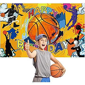 Basketball Happy Birthday Banner Basketball Party Backdrop Wall Hanging Decor Photo Background for Baby Shower Birthday Party Supplies Indoor/Outdoor (70" X 45")