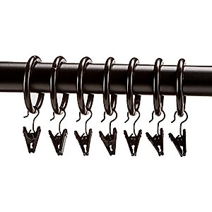 Amazon Basics 1" Curtain Rod with Cap Finials, 72" to 144" and Amazon Basics 1" Curtain Clip Ring, Set of 7, Espresso (Dark Bronze)