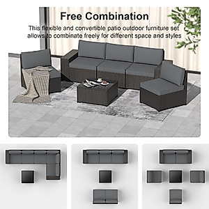 GOJOOASIS 6 Pieces Patio Furniture Set Outdoor Wicker Sectional Conversation Sofa All-Weather Rattan Couch Patio Seating with Cushion and Glass Table for Porch, Poolside, Backyard, Balcony (Gray)
