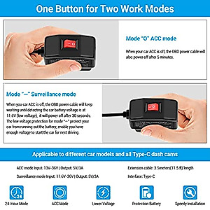 ssontong Upgraded OBD2 OBD Power Cable for Dash Camera, OBD to Type-C USB OBDII Adapter Hardwire Charger Cable 24 Hours Surveillance and Acc Two Mode with Switch Button (Type-C USB Port)
