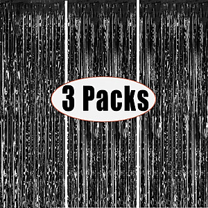 3 Packs 3.2ft x 6.6ft Black Metallic Tinsel Foil Fringe Curtains Photo Booth Props for Birthday Wedding Engagement Bridal Shower Baby Shower Bachelorette Holiday Celebration Party Decorations