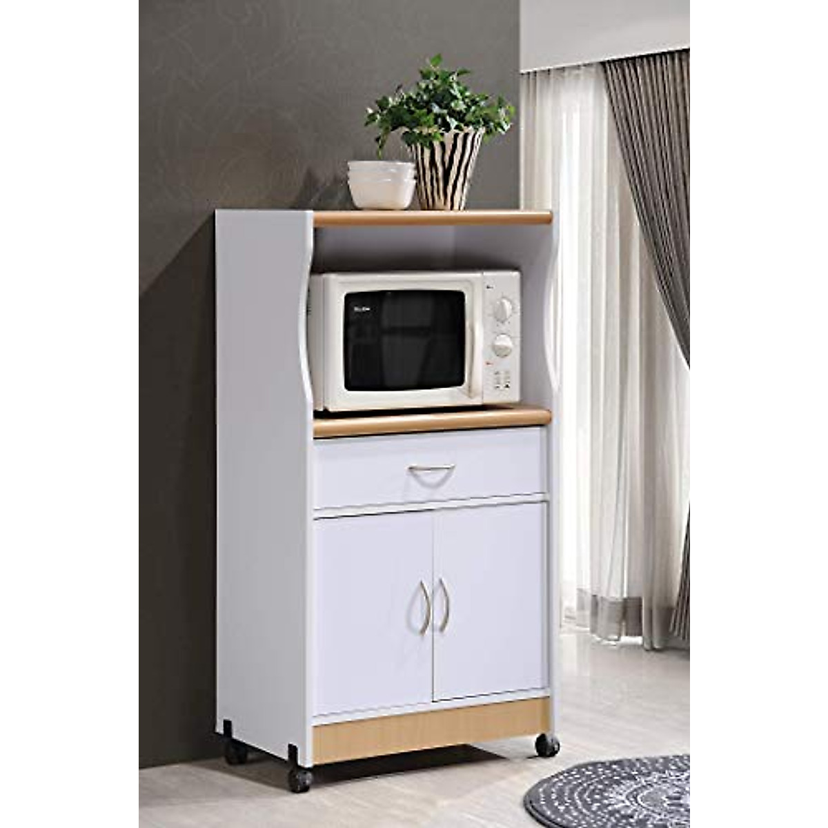 HODEDAH IMPORT Microwave Cart with One Drawer, Two Doors, and Shelf for Storage, White