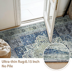 BESTSWEETIE 8x10 Area Rugs Machine Washable No Pile Non Slip Vintage Rugs for Living Room&Bedroom&Dinning Room Bohemian Distressed Carpet Indoor,Blue