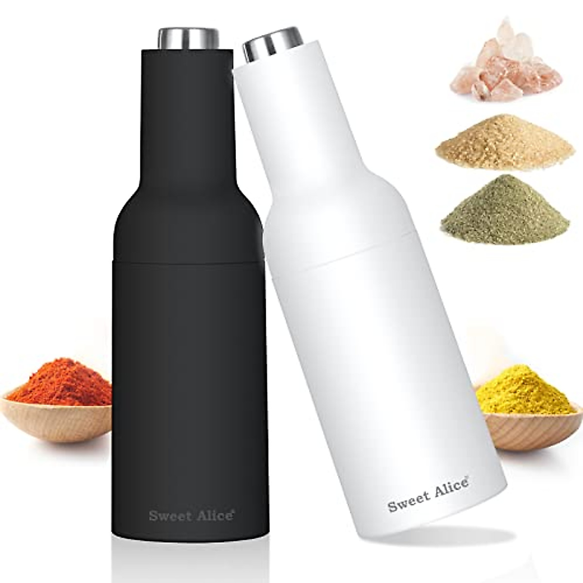 HAITRAL Electric Gravity Salt and Pepper Grinder Set, 2 Pack Electric Ceramic Core Mills Shaker, Battery Operated, One Hand Automatic Operation, Adjustable Coarseness, Black and White