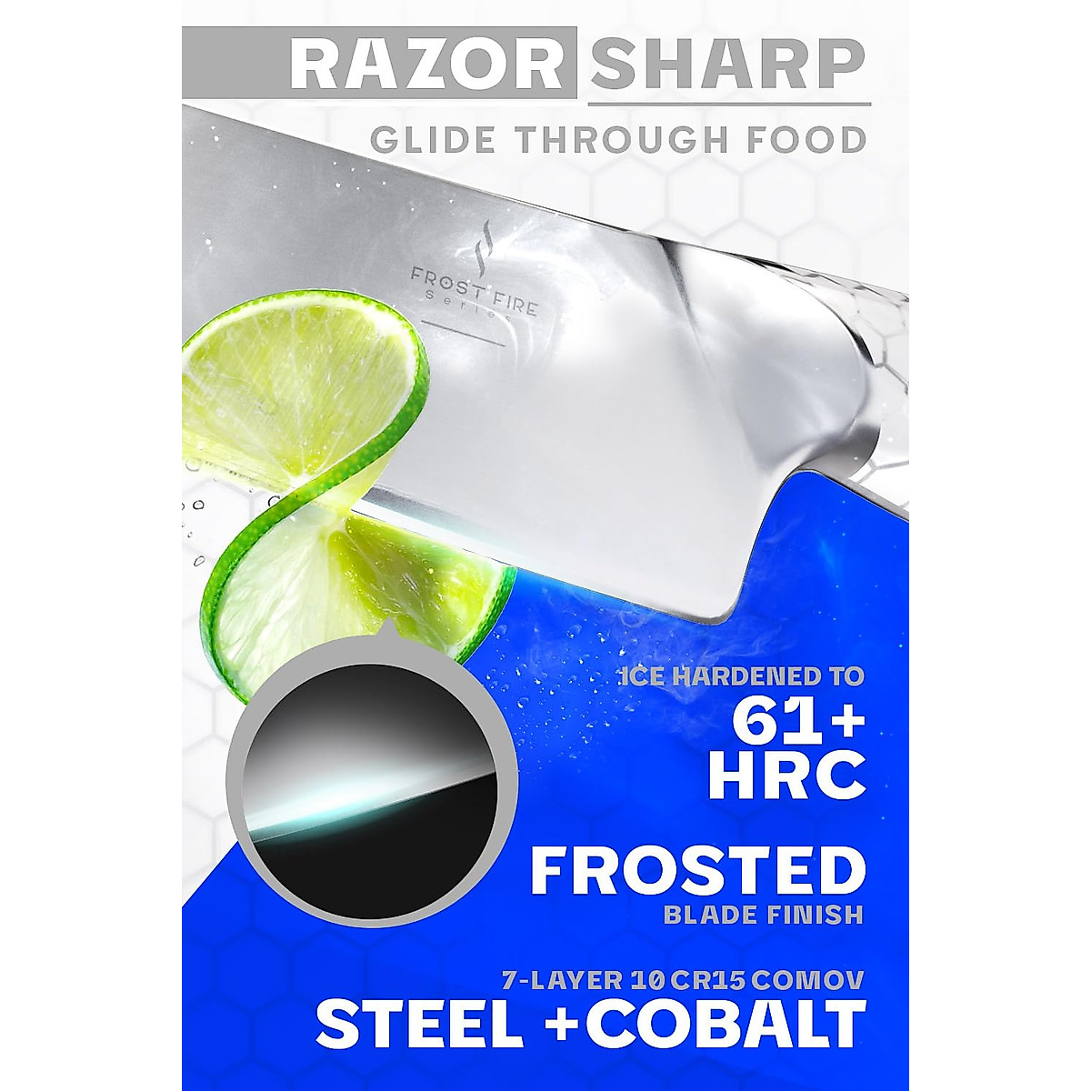 DALSTRONG Chef Knife - 8 inch - Frost Fire Series - High-Chromium 10CR15MOV Stainless Steel - Sand Blasted Frosted Finish Kitchen Knife - White Honeycomb Handle - Sheath - Chef's Knife - NSF Certified