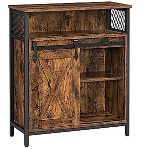 VASAGLE Buffet Cabinet, Sideboard with Open Compartment, Sliding Barn Door, 27.6”L x 11.8”W x 31.5”H, Industrial Rustic Brown and Black ULSC089B01