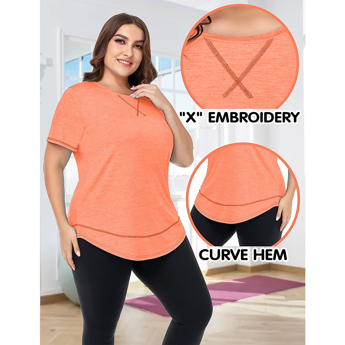 COOTRY Plus Size Workout Tops for Women Short Sleeve Loose fit Shirts Athletic Gym Yoga Clothing Short Orange 3XL