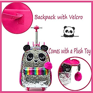 ZBAOGTW Panda Rolling Backpack for Girls Kids 3pcs Wheeled School Backpack with Lunch Box Trolley Trip Luggage for Elementary