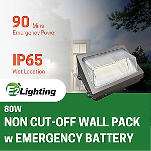 E2 Lighting Non Cut Off LED Wall Pack 80 watts with Emergency Battery Backup and photocell / E2WP80W27V50K-E, RoHs Compliant UL and DLC Certified LED Wall Packs Commercial, 5 Year Warranty
