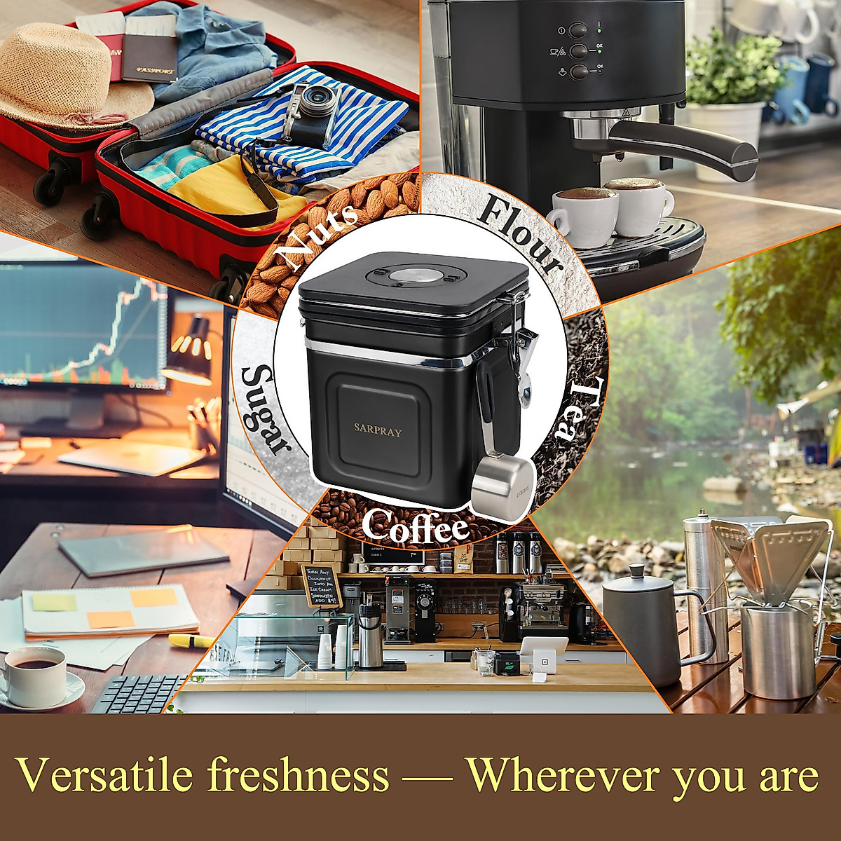 Airtight Coffee Canister with scoop, Stainless Steel Vacuum Coffee canister for Ground Coffee with Anti-Slip Base, Date Tracker Lid and Coffee Container for Cround Coffee Canister, Tea, Sugar, 21OZ