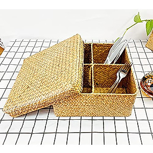Rectangular Woven Seagrass Storage Basket and Home Organizer Bins,Natural Water Hyacinth Basket (brown, square with lid)