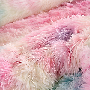 WINLIFE Faux Fur Comforter Set Twin Size for Girls Bedding Plush Shaggy Comforter Sets Gradient Ombre Tie Dye Bed Set Fuzzy Furry Long Hair Fluffy Comforter (3Pcs, Twin, Rainbow)