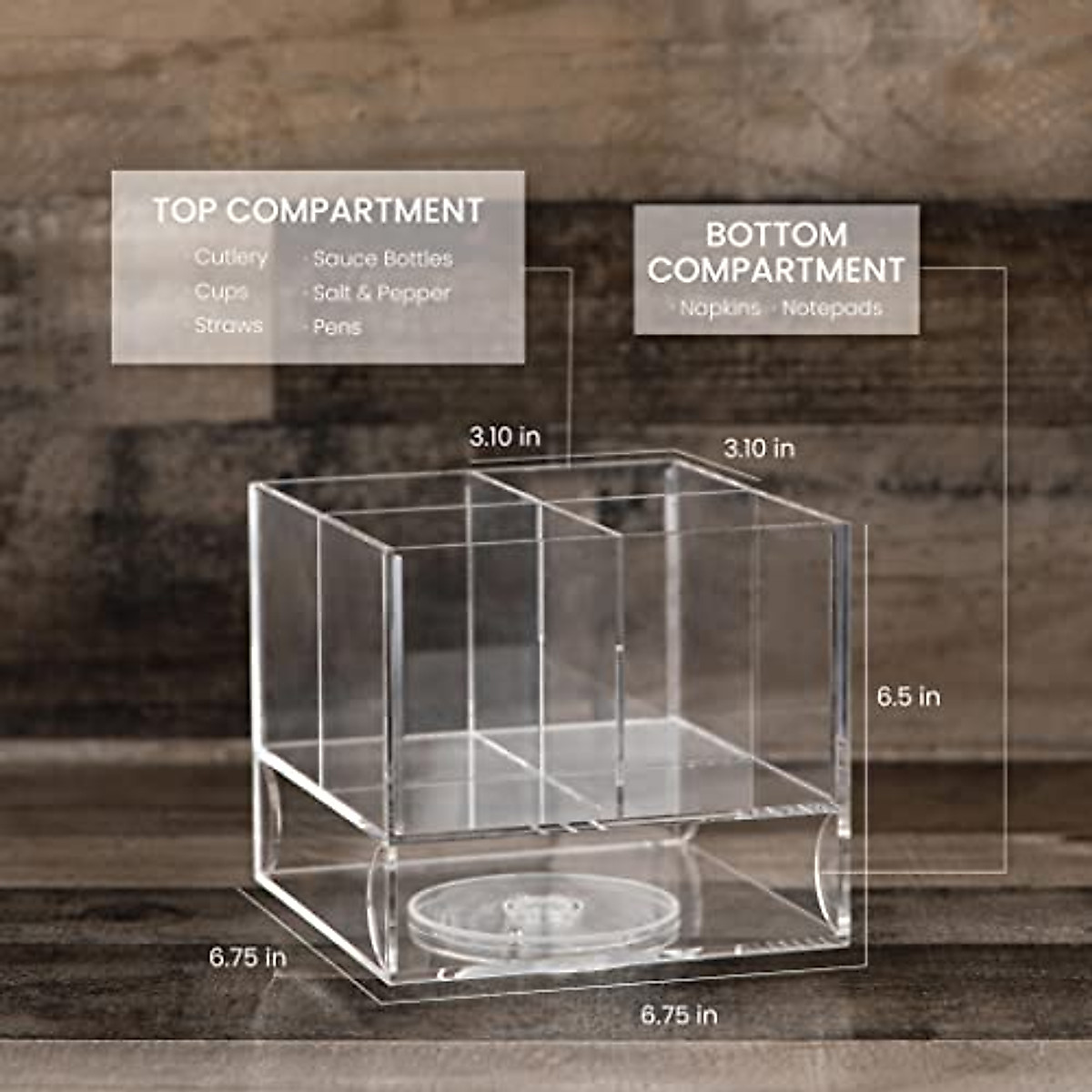 ELTOW Acrylic Swivel Silverware Caddy - Stylish Kitchen Table Organizer for Flatware, Cutlery, Arts, Cosmetic, Party with Napkin Holder - Made with Clear Lucite, Divided Storage Pantry Basket for Forks, Knives, Spoons, etc.