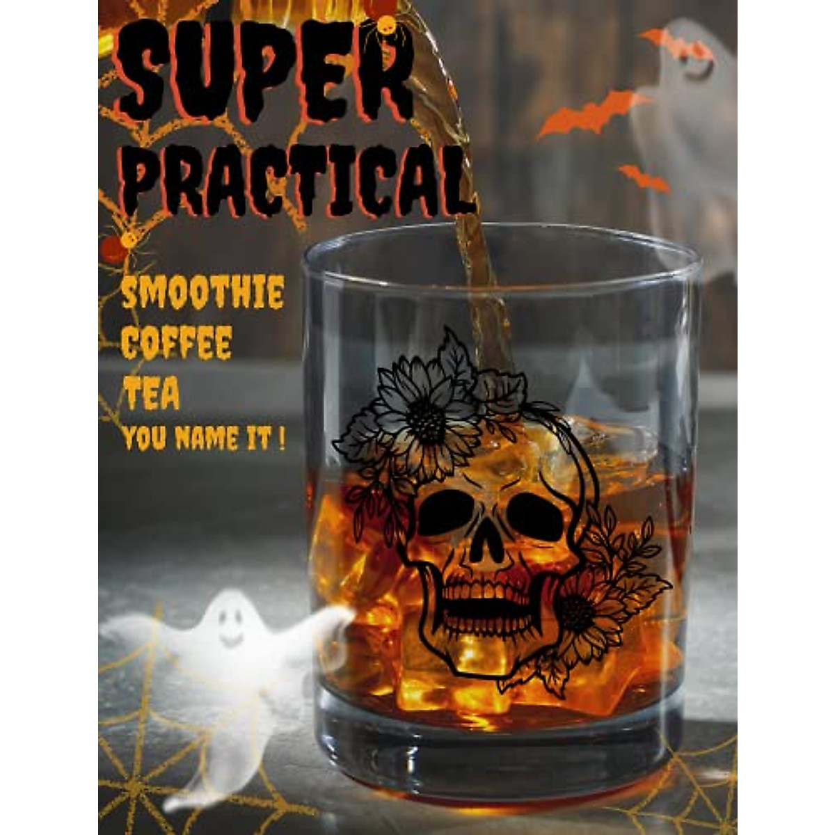 Halloween Gifts for Women Men Adults Hostess Whiskey Glass, Skull Gift Glass for Halloween Lovers or Party's Owners, Halloween Party Supplies - Skull