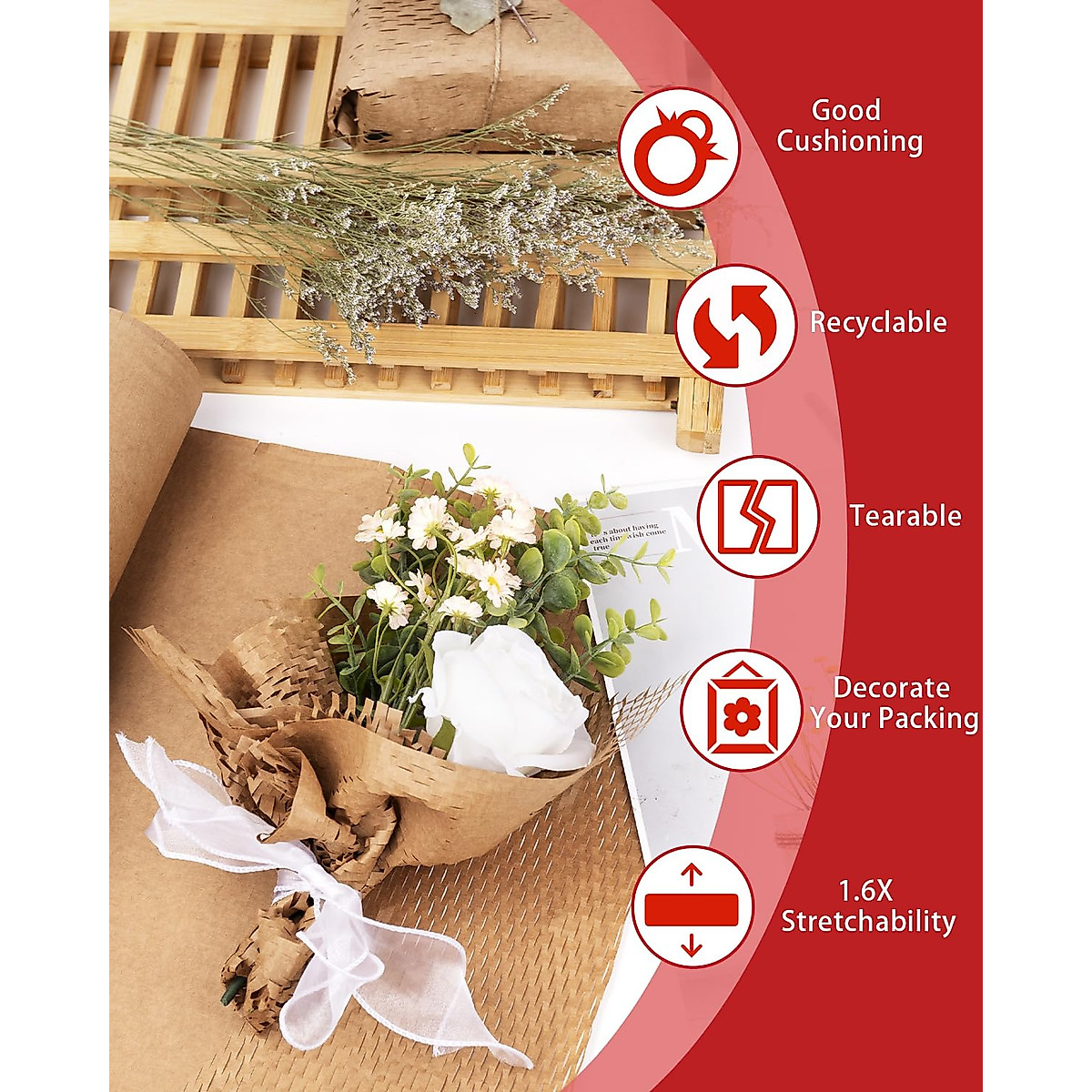 Honeycomb Packing Paper Wrap 15” x 158’, Brown Recycled Moving Supplies Eco-Friendly Bubble Paper Packing Wrapping for Fragile Items, Glassware, Ceramics, Electronics and Decorations Packaged Bouquet