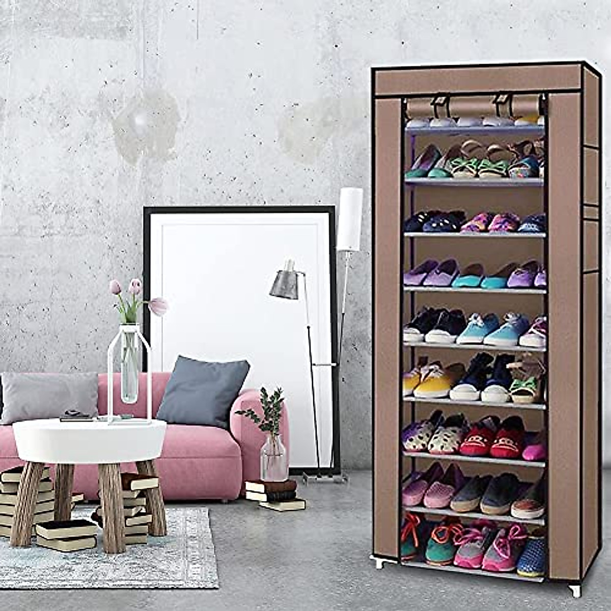 Mekek Shoe Rack Closet, 9 tiers Shoe Rack With Dustproof Cover Closet Shoe Storage Cabinet Organizer Brown