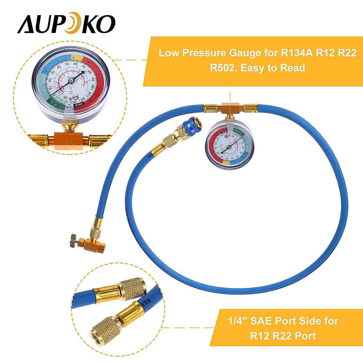 Aupoko R134A Car AC Refrigerant Charge Hose, AC Charge Hose with Gauge, R134A Can Tap Valve, R134A Quick Couple, Low Pressure Gauge and 59'' Recharge Hose