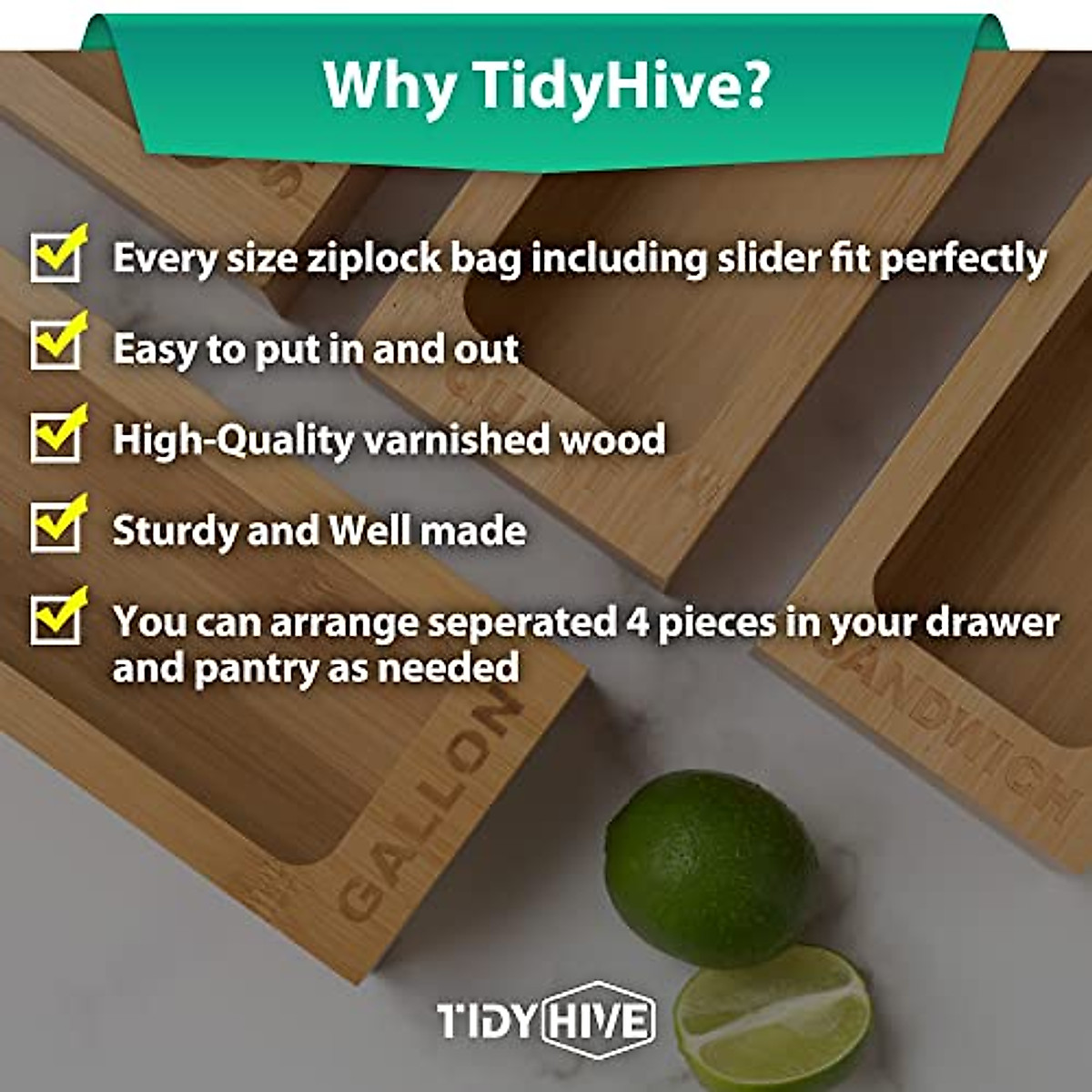 TIDYHIVE - Ziplock Bag Storage Organizer - Kitchen Organizer for Sandwich Bags, Quart, Gallon, Snack – Natural Wood Plastic Bag Organizer – Space Saving and Practical Solution