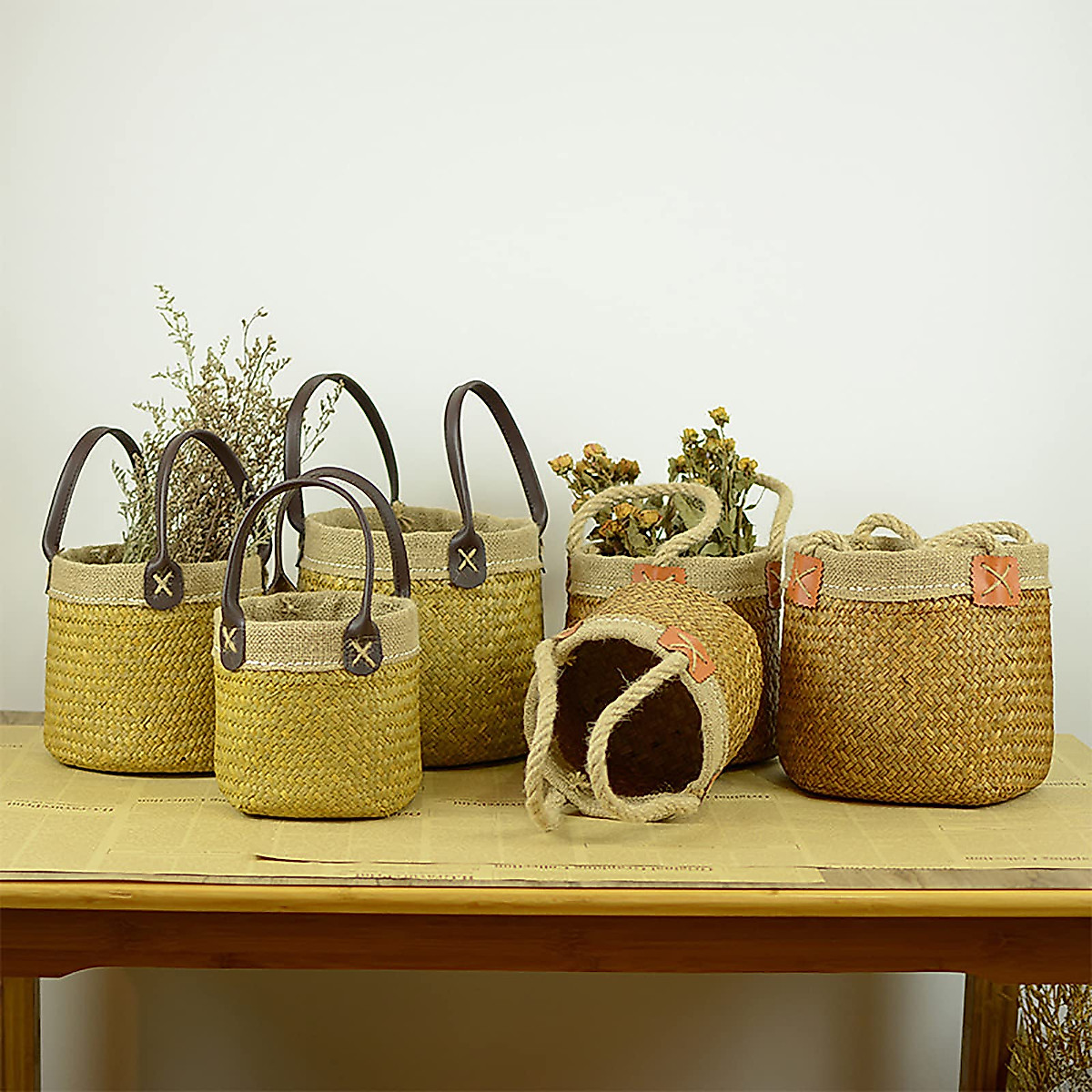 Keebgyy Woven Baskets, Belly Basket with Handles, Multi Purpose Seaweed Belly Basket with Handle, Decorative Basket for Living Room and Bedroom and for Storage of Blankets, Home Decor(#3)