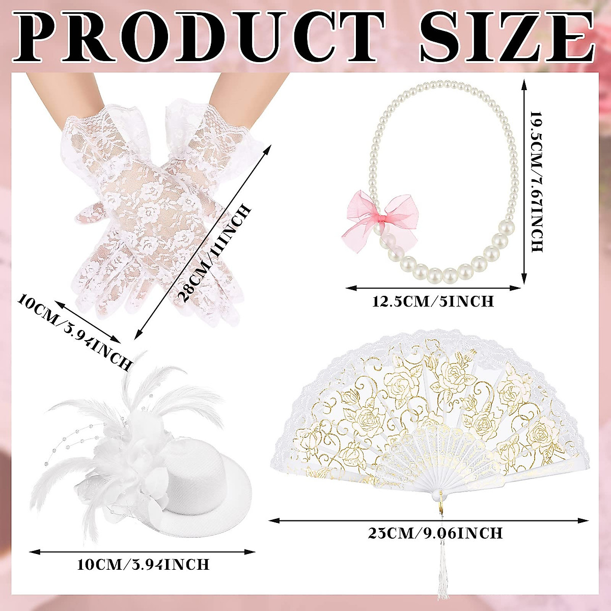 Sintege 4 Pcs Girls Tea Party Set Tea Party Gloves Hats Necklace Fans for Girls(White)