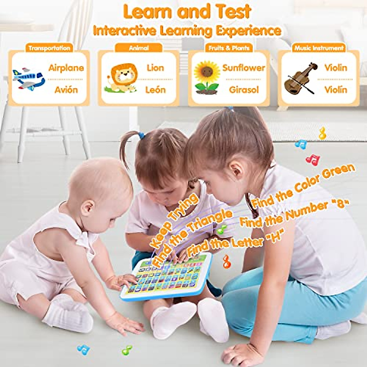 Bilingual Spanish & English Learning Toys for Toddlers 1-3, Kids Interactive Learning Tablet, Childrens Alphabet ABC / Words / Numbers / Colors Learning Pad, Education Toy for Babies 24 Month+