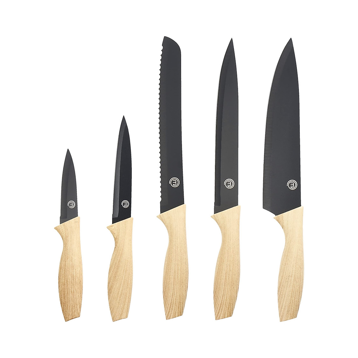 MasterChef Knife Set of 5 Kitchen Knives for Cooking (Paring, Utility, Bread, Carving & Chef Knives), Professional Sharp Stainless Steel, Non Stick Blades & Soft Touch Handles, Natural, 5 Piece