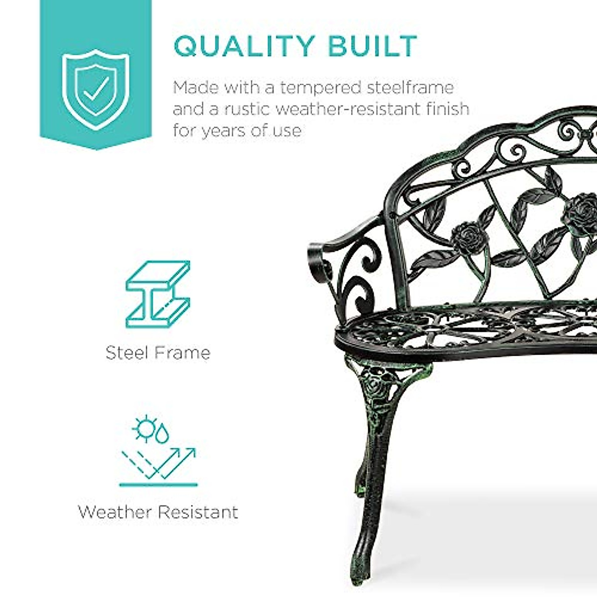 Best Choice Products Outdoor Bench Steel Garden Patio Porch Loveseat Furniture for Lawn, Park, Deck Seating w/Floral Rose Accent, Antique Finish - Black/Green