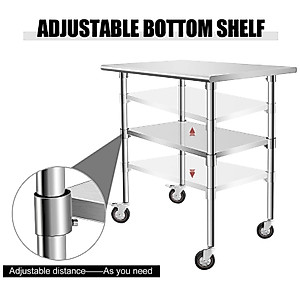 KODOM Food Prep Stainless Steel Table 36'' x 24'', Heavy Duty Workbench with Adjustable Under Shelf, Commercial Worktable with 4 Casters for Commerical Kitchen, Restaurant, Home and Hotel, Silver