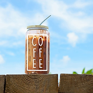 16 oz Iced Coffee Cup with Bamboo Lids and Straws | Mason Jar Cups & Iced Coffee Tumbler with Lid and Straw | Glass Cups for Iced Coffee, Boba Cup | Beer Can Glass & Smoothie Cup - Coffee