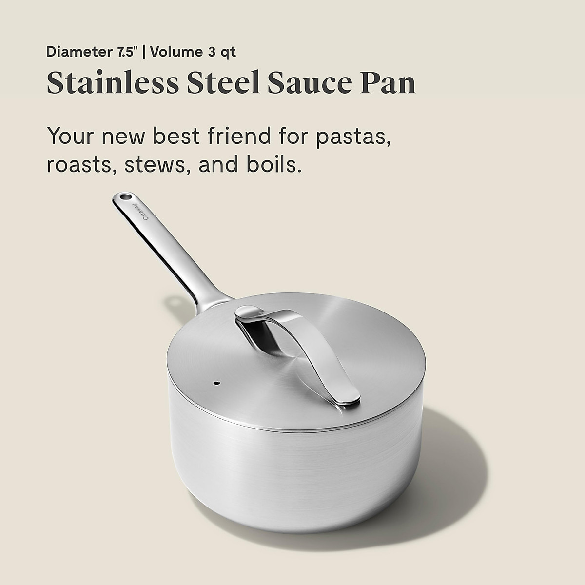 Caraway Stainless Steel Sauce Pan (3 Qt) - 5-Ply Stainless Steel - Oven Safe & Stovetop Agnostic - Non Toxic, PTFE & PFOA Free