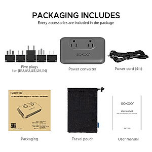 SOKOO 230-Watt Step Down 100-220V to 110V Voltage Converter, International Power Converter/Travel Adapter- Use for EU/UK/AU/US/India More Than 150 Countries, USB Quick Charger 3.0