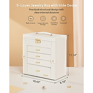 Homde Synthetic Leather Huge Jewelry Box Mirrored Watch Organizer Necklace Ring Earring Storage Lockable Gift Case (White + Gold)