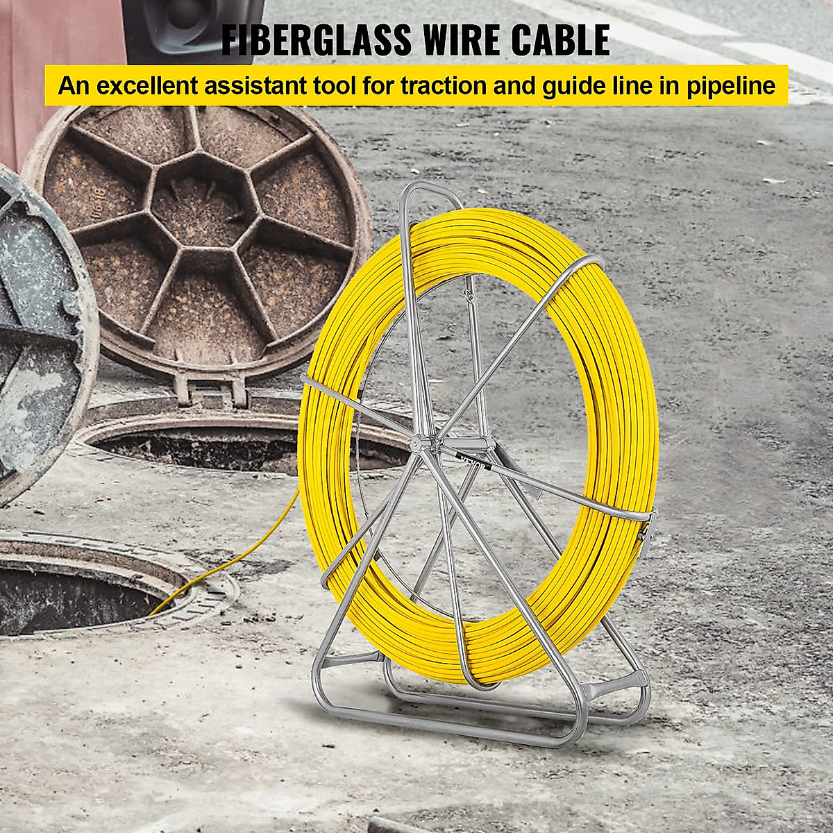 VEVOR Fish Tape Fiberglass 8MM 492FT Duct Rodder Fish Tape Continuous Fiberglass Tape Wire Cable Running with Cage and Wheel Stand