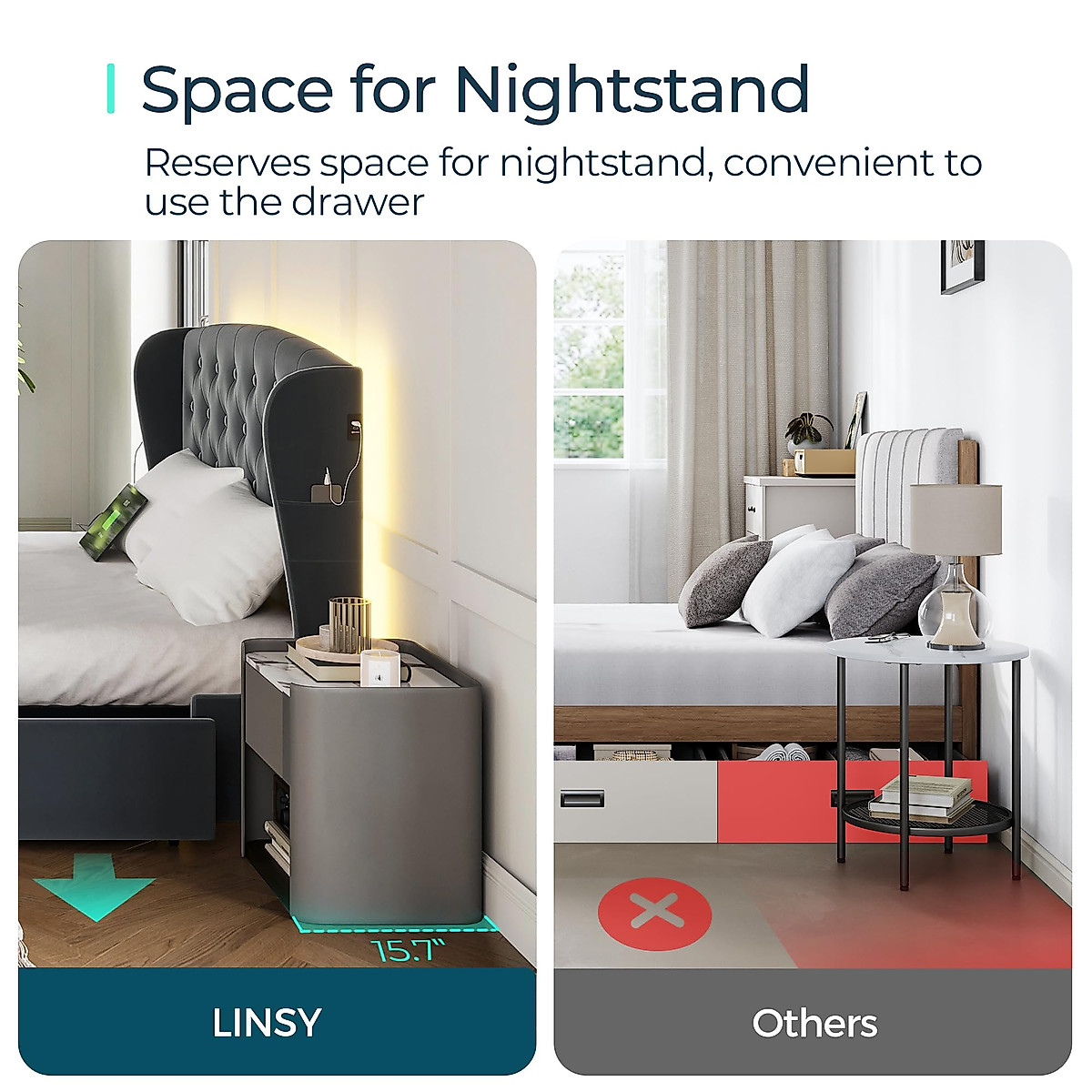 LINSY Upholstered Queen Bed Frame with 4 Drawers, RGB Lights, Fast Charger and Headboard - No Box Spring Needed, Dark Grey