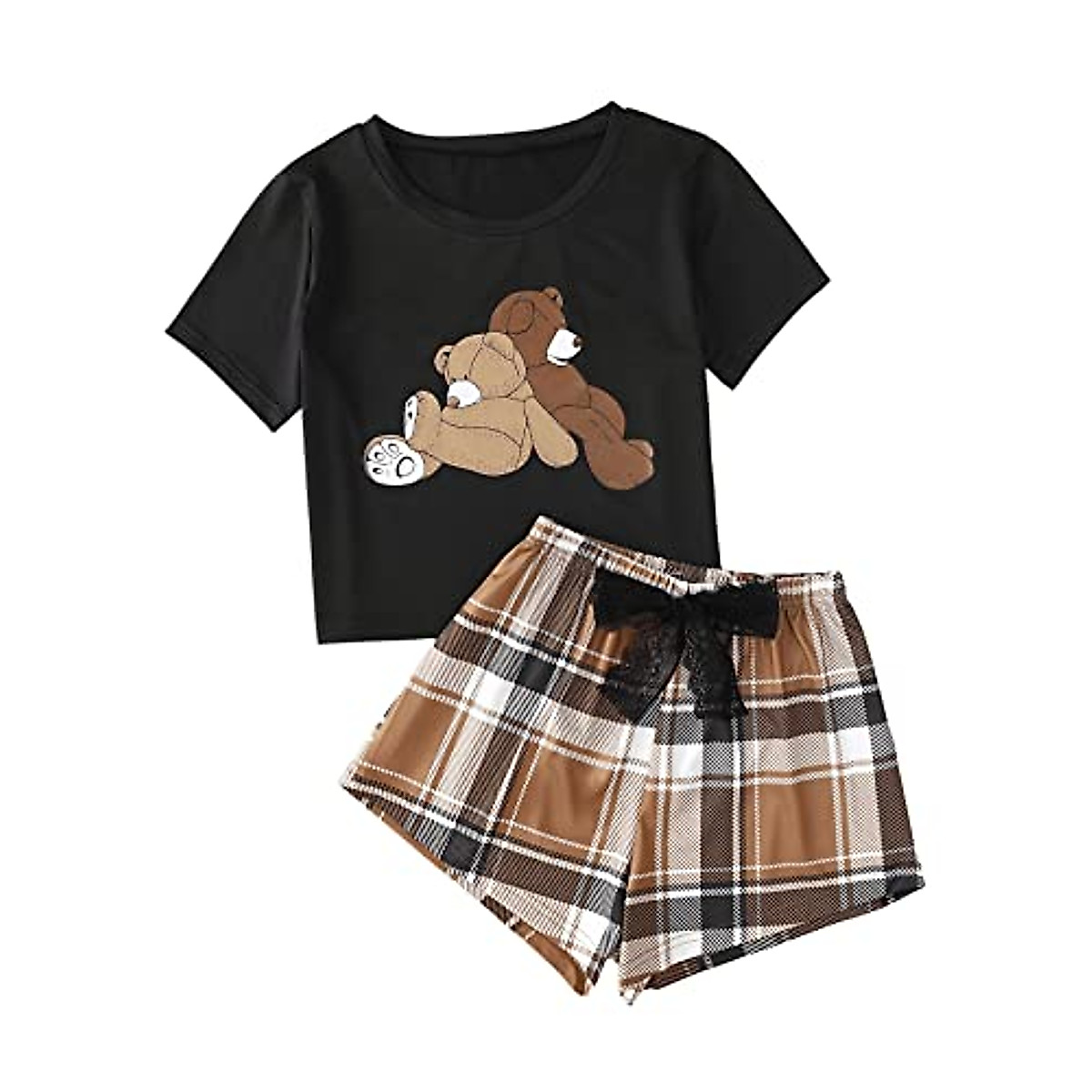 SweatyRocks Women's 2 Piece Pajama Set Graphic Short Sleeve Tee Shirt and Cute Plaid Shorts Black Brown Large