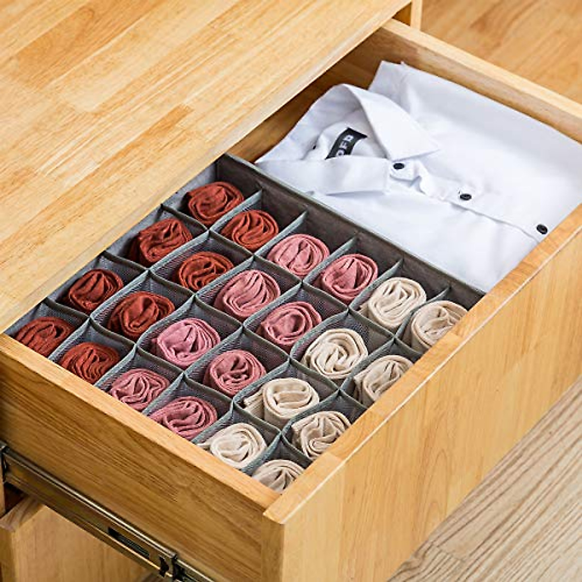 Qozary 2 Pack Socks Underwear Drawer Organizer Divider, 24 Cell or 16 Cell Collapsible Cabinet Closet Organizer Storage Boxes for Clothes, Socks, Lingerie, Underwear, Ties
