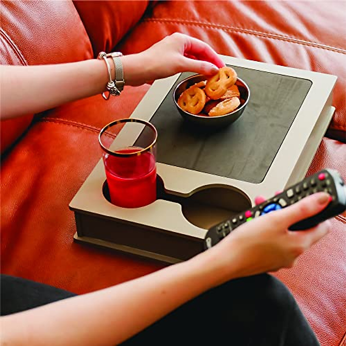 Fendy Arm Rest Table Holder with Drawer, Serving Trays for Coffee Table, Sofa Side Organizer for Gadgets and Remote